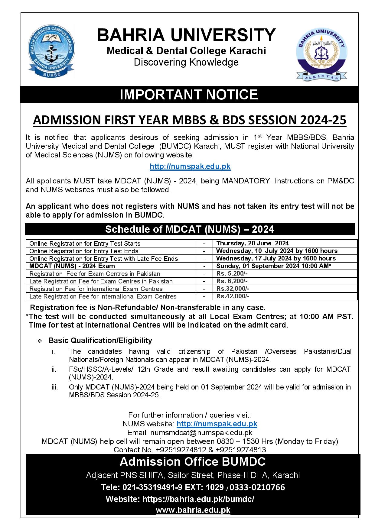 MDCAT (NUMS)-2024 for Admissions in MBBS/BDS session 2024-25 – BUHSC