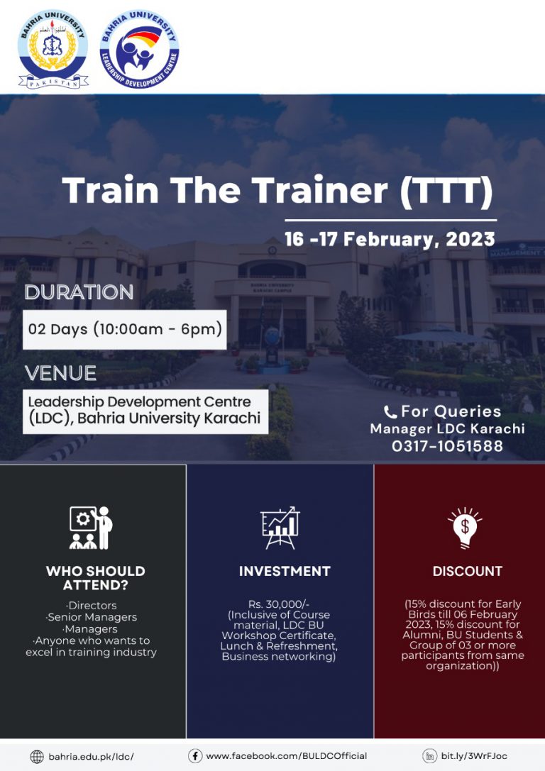 Train The Trainer (TTT) Program – Venue Karachi – Bahria University